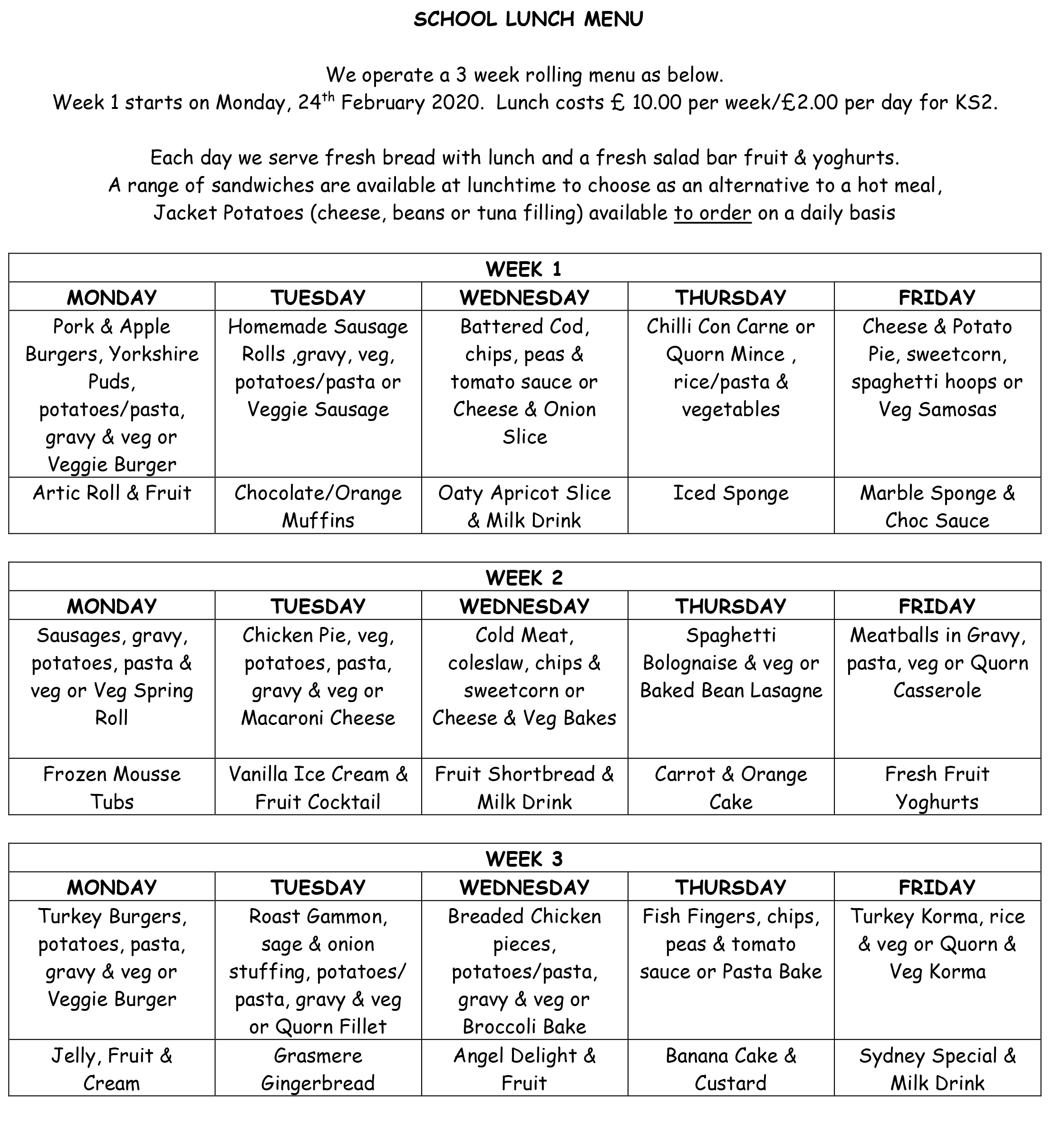 Lunch Menu – Longtown Primary School